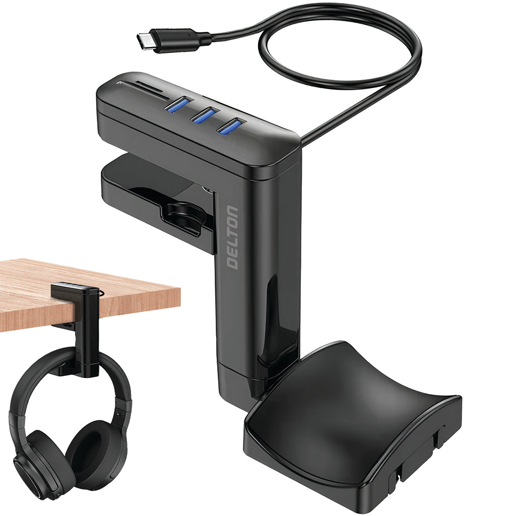 Delton HS7 Headset Stand with Under-Desk Holder and 3 USB-A Ports.